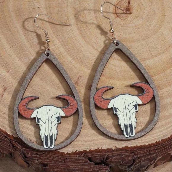 Jewelry | Longhorn Wood Skull Steer Cattle Cow Cutout Teardrop Western ...